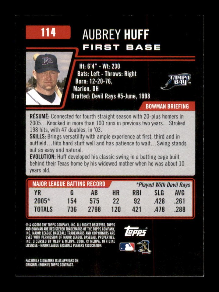 2006 Baseball Bowman Aubrey Huff Tampa Bay Devil Rays #114 | eBay