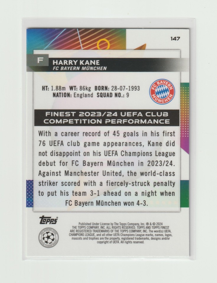 2023-24 FINEST UEFA PURPLE SHIMMER 050/199 [ HARRY KANE ] BAYERN ...