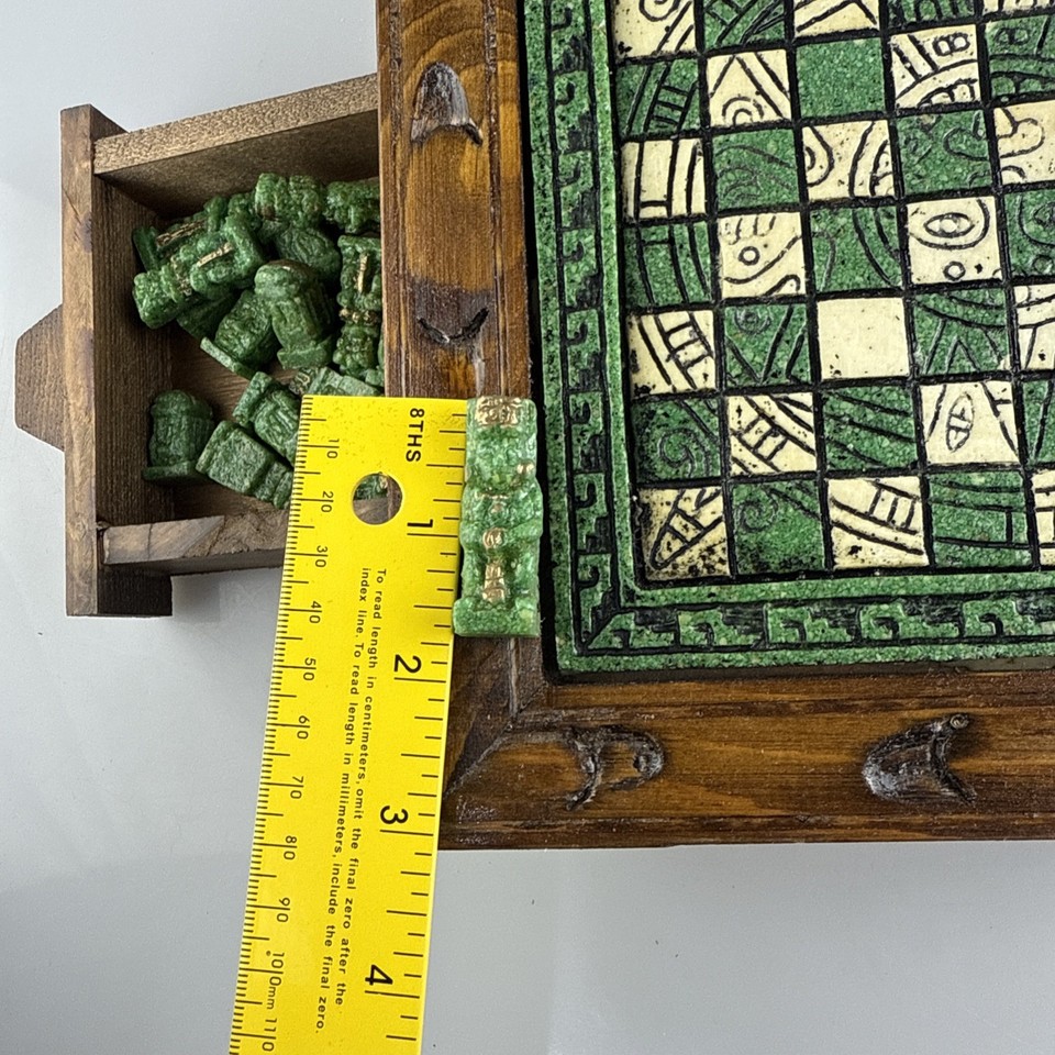 RARE Handmade Aztec Mayan Chess Board Set Carved Wooden Box Soapstone ...