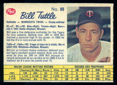 1962 POST BASEBALL CANADIAN #88 BILL TUTTLE NM MINNESOTA TWINS card | eBay