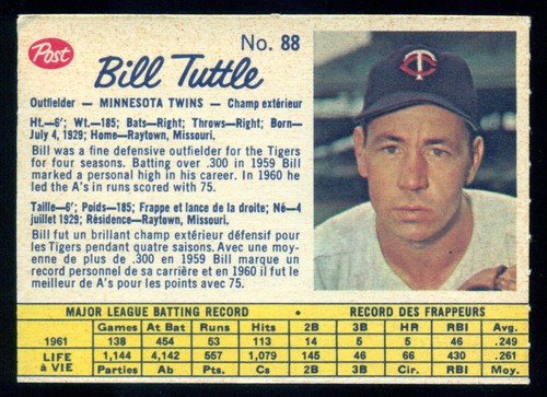 1962 POST BASEBALL CANADIAN #88 BILL TUTTLE NM MINNESOTA TWINS card | eBay