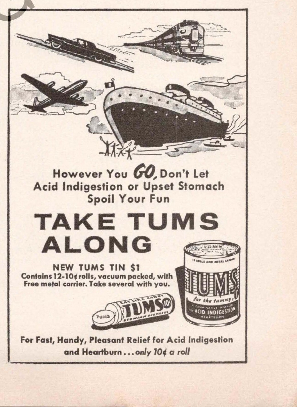 Take Along Tums Boat Train Plane Car Travel Print Ad 1957 | eBay