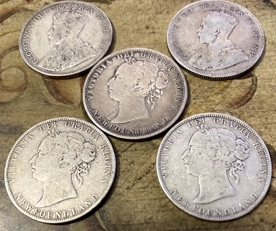 Five (5) 1882-1926 Old Canada 50 Cents 92.5% Sterling Silver Coin - 1/3 ...