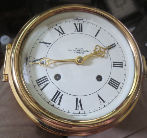 Wempe Ship's Bell Clock Chronometer werke W Germany Brass shade Runs 7 ...