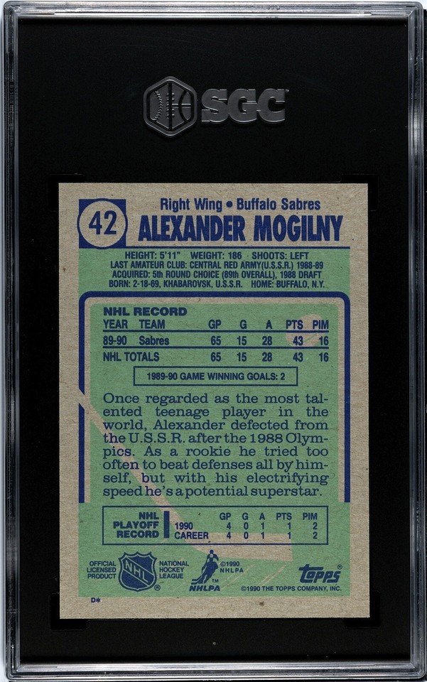 1990-91 TOPPS ALEXANDER MOGILNY ROOKIE CARD RC SGC 9 BUFFALO #42 psa ...