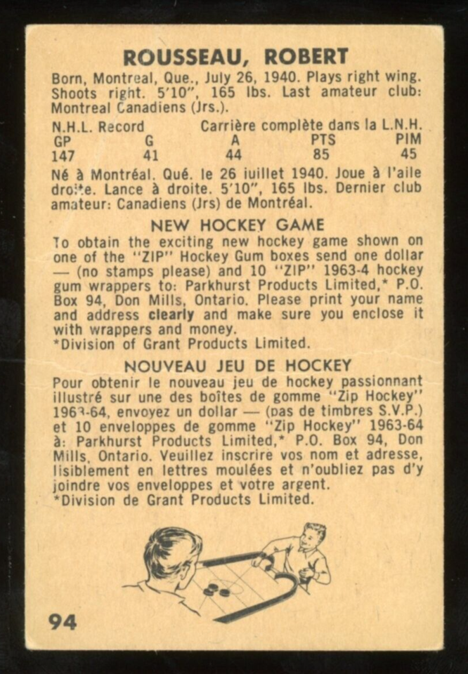 1963-64 PARKHURST NHL HOCKEY #94 Robert Rousseau VG-EX Montreal ...