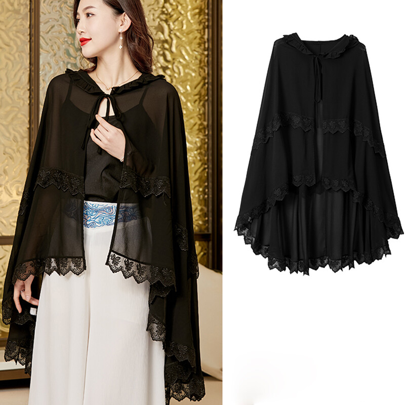 Women Chiffon Cloak Hooded Cape Shawl Wedding Bridal Sheer Ruffle Midi ...