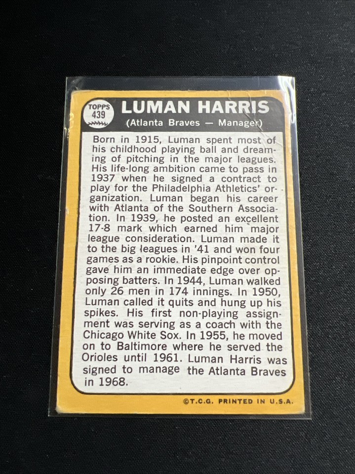 1968 Topps Atlanta Braves Baseball Card #439 Lum Harris | eBay