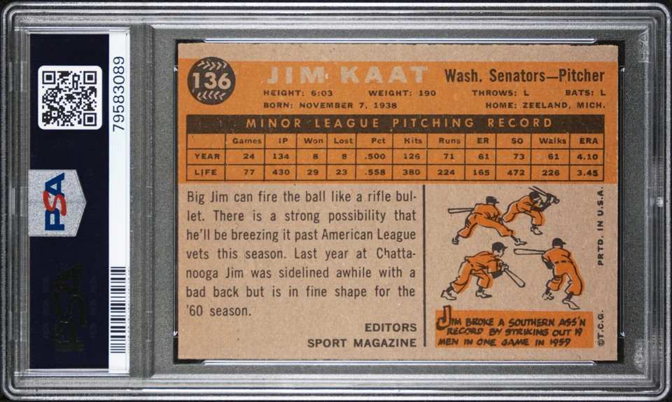 💥 Jim Kaat 1960 Topps #136 Washington Senators Rookie PSA 7 NM ...