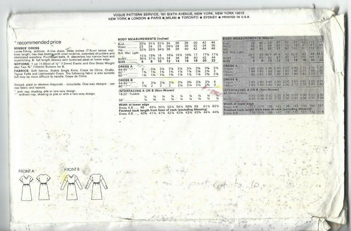 Vogue Sewing Pattern 8225, Vintage Dress with Cowl Neckline, Size 6 ...