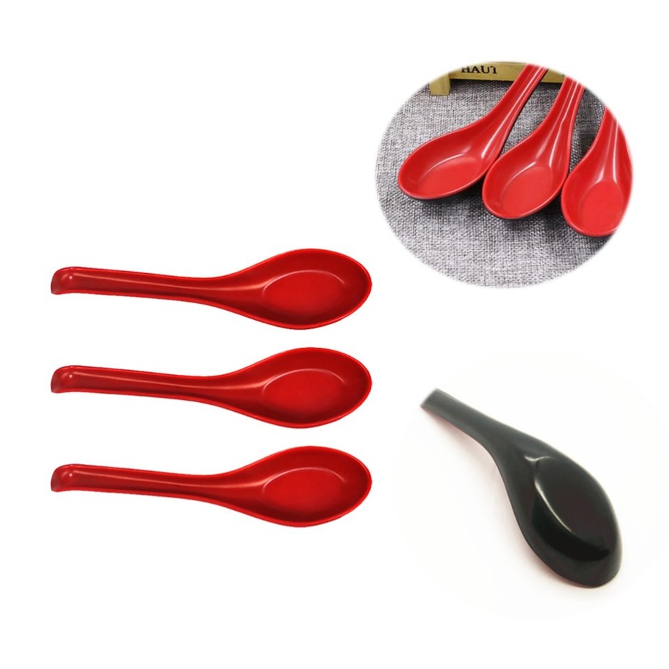3 Pcs Large Plastic Soup Spoons Asian Style Black And Red With Long ...