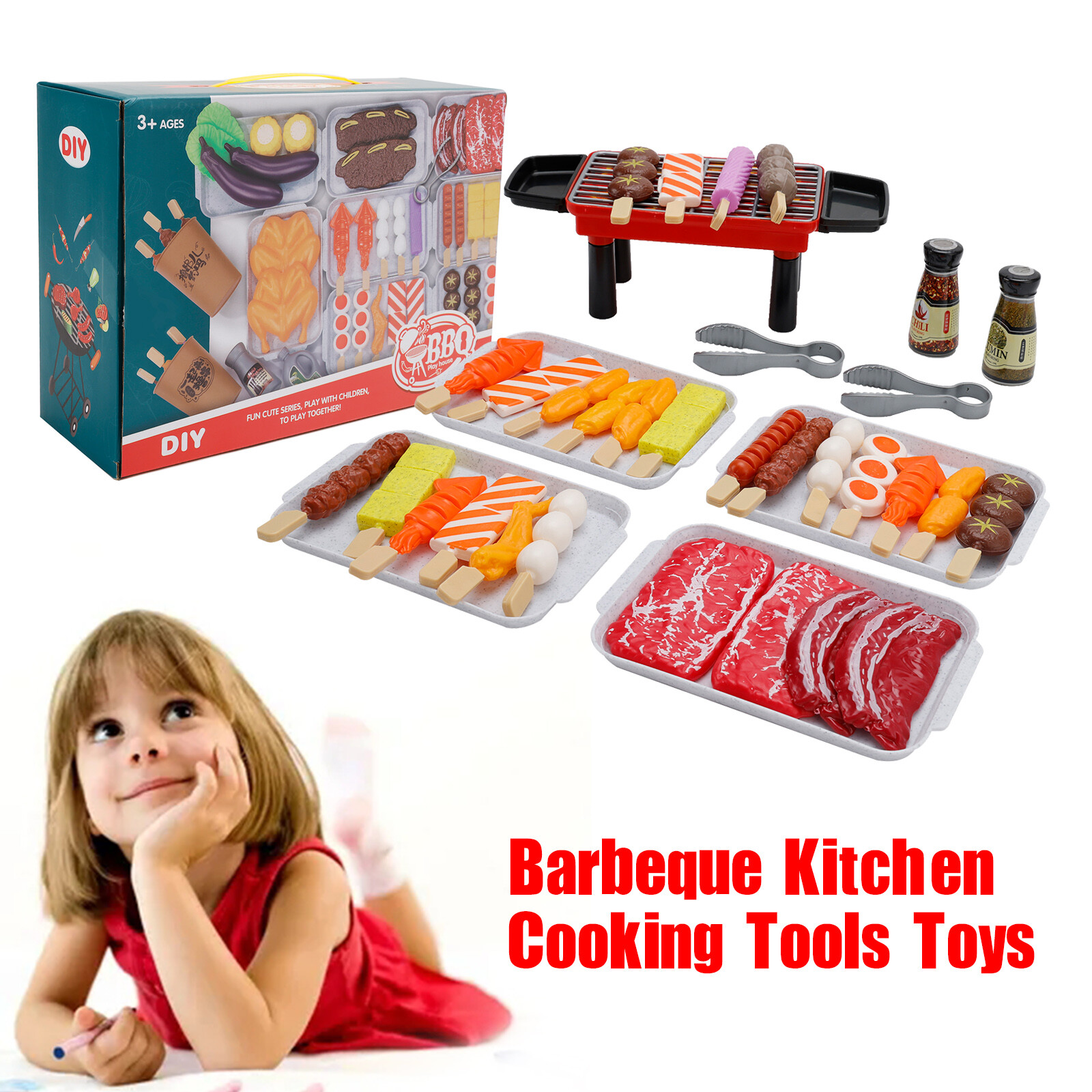 36Pcs BBQ Pretend Play Food Toy Grill Set Barbeque Kitchen Cooking ...
