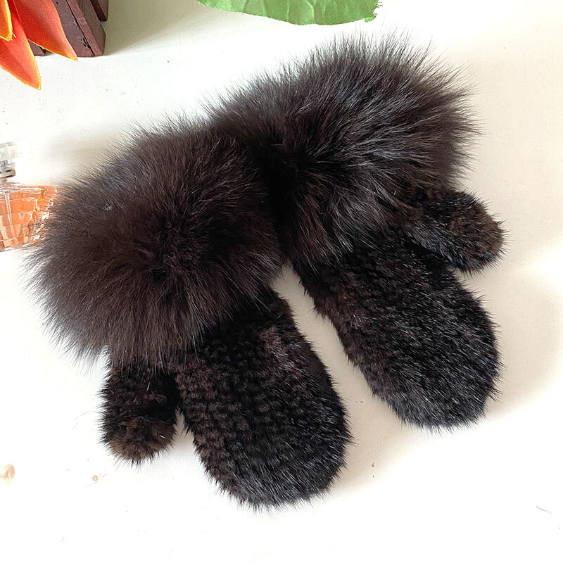 Women's Double Side Real Mink Fur Gloves Mitten + Real Fox Fur ...