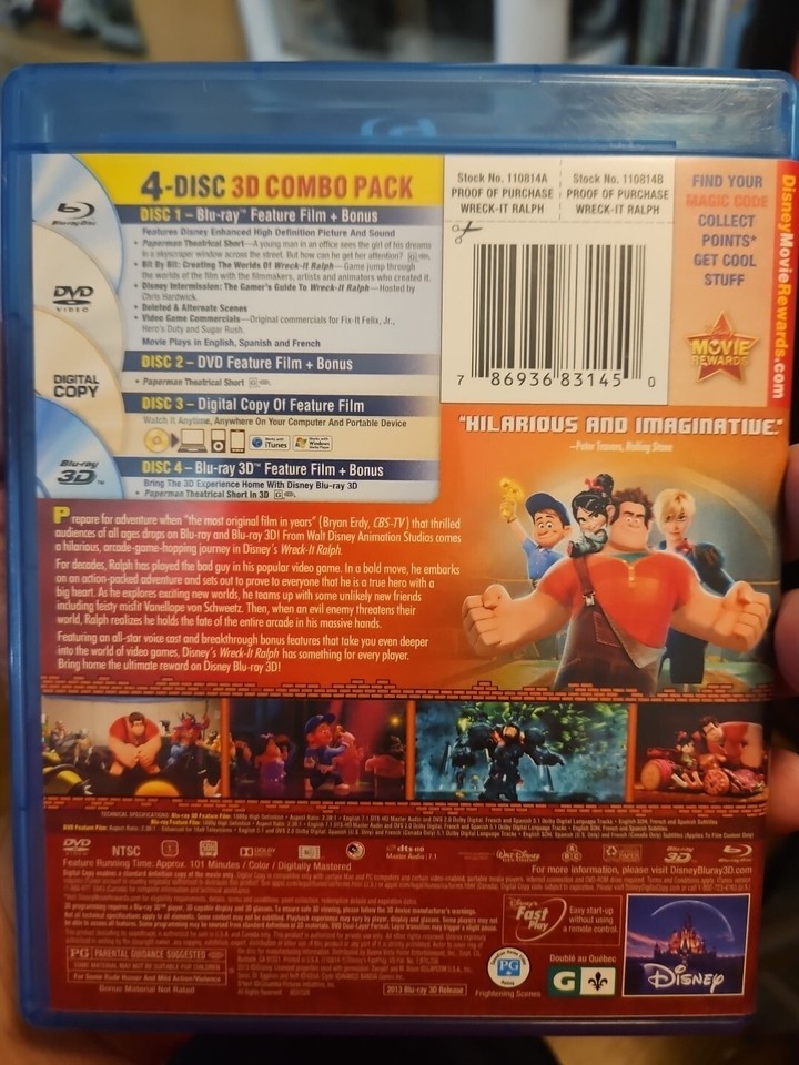 Wreck-It Ralph (Blu-ray/DVD, 2016, 4-Disc Set, Includes Digital Copy 3D ...