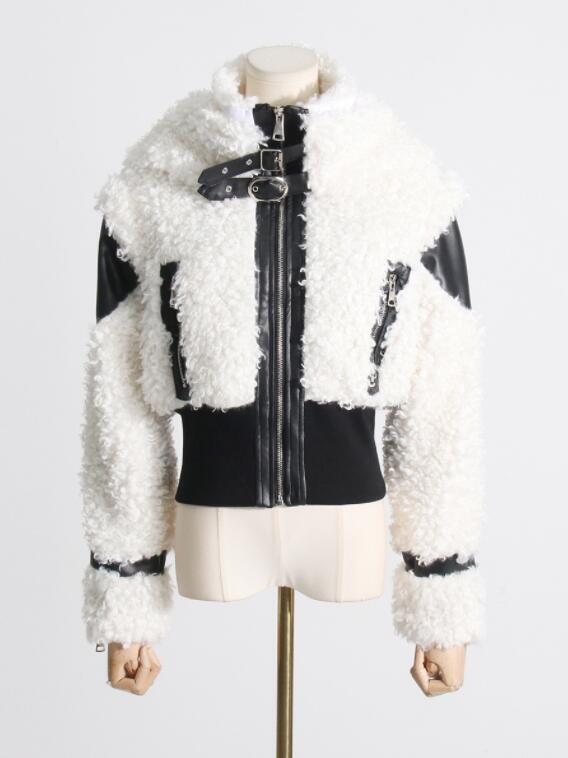 Women's Fashion Faux Lamb Fur Buckle Strap Motorcycle Jacket Coat ...