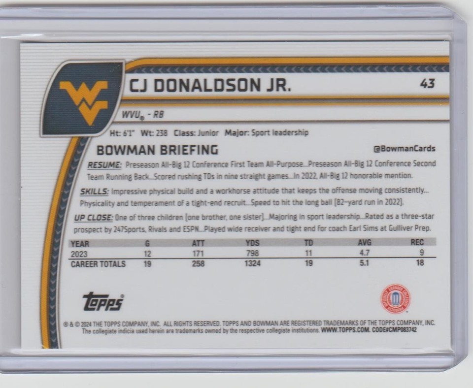 CJ DONALDSON JR. 2024 Bowman Chrome U. Rookie RC#43 Gold Shimmer ...