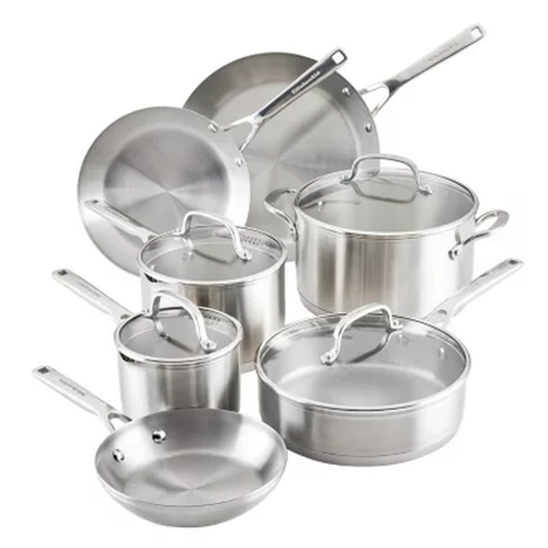 Kitchenaid® 3 Ply Base Stainless Steel 11 Piece Cookware Set, Brushed ...