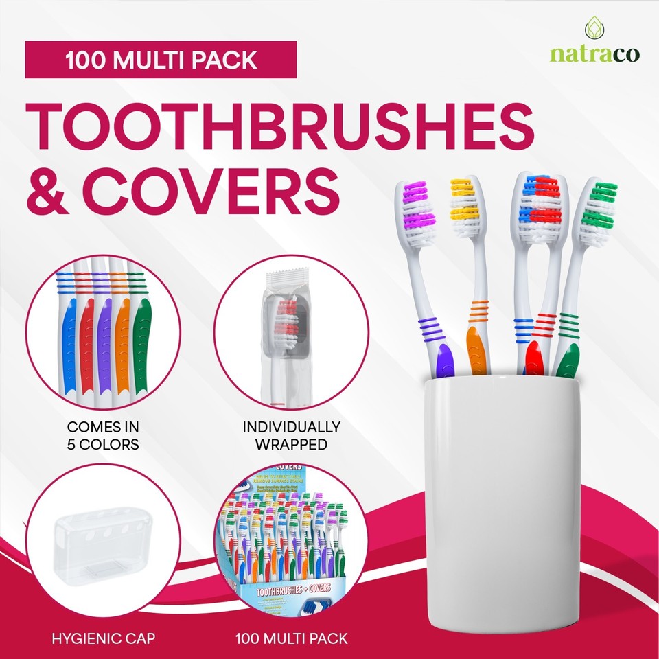 100 Bulk Toothbrushes + Caps, Individually Wrapped, Medium Soft ...