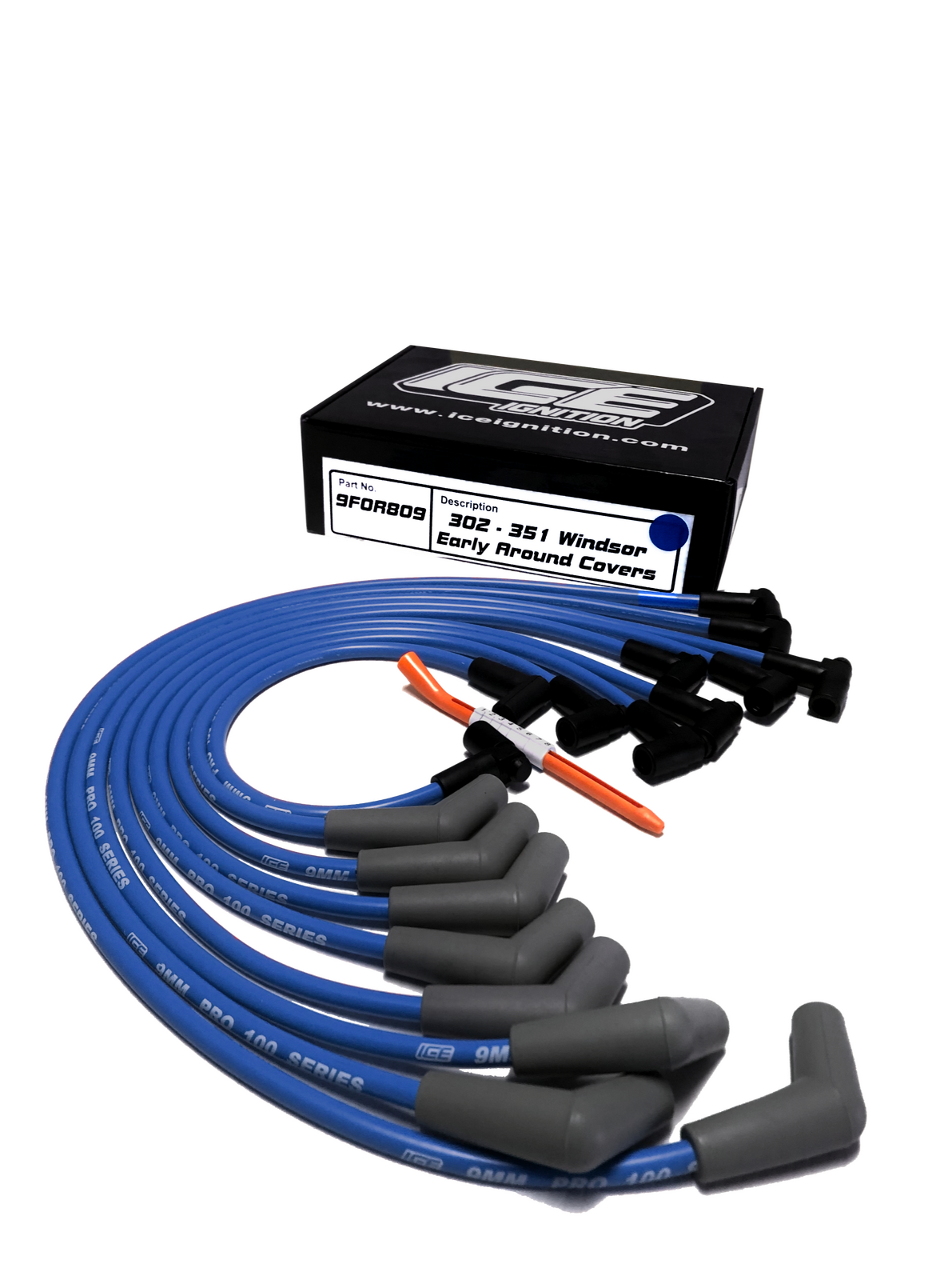 ICE PRO 100 9mm Ignition Leads V8 302-351 Windsor Around R/Covers Blue ...