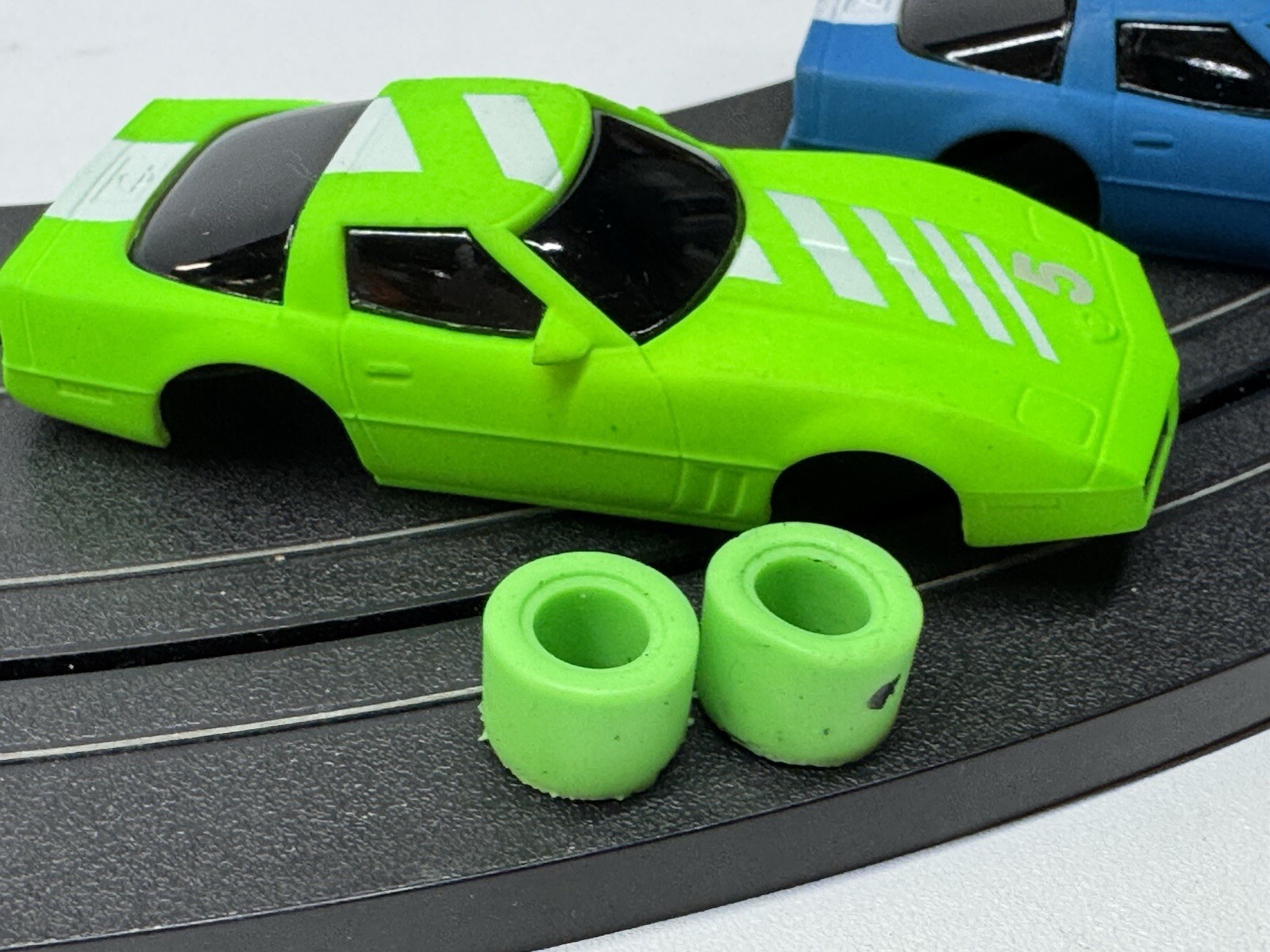 HTF TYCO Neon Green #5 & Neon Blue #3 Corvette HO Slot Car Bodies w ...