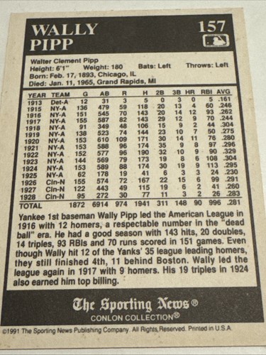 1991 The Sporting News Conlon Collection #157 Wally Pipp 1916 Card ...