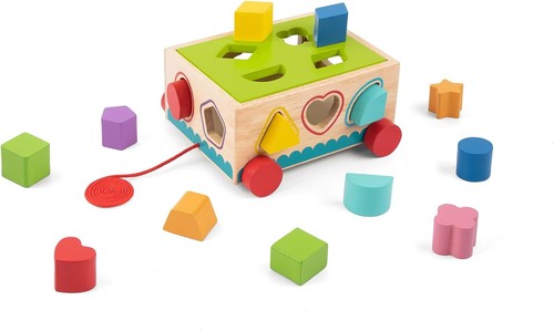 Tooky Toy Woode Shape Sorter Pull Along Cart with Wooden Blocks Toddler ...