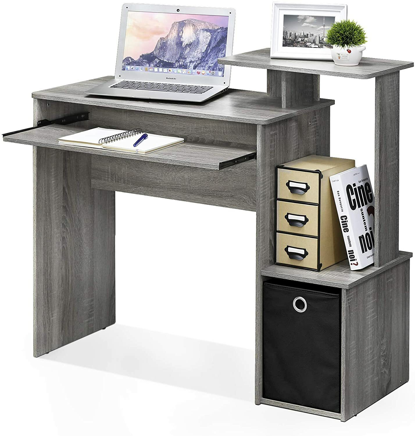 Gray Oak Finish Work Desk Storage Bin Laptop Computer Table Office ...