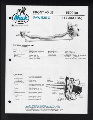 MACK TRUCKS FAW 538 C FRONT AXLE SPECIFICATIONS BROCHURE 03/82 | eBay
