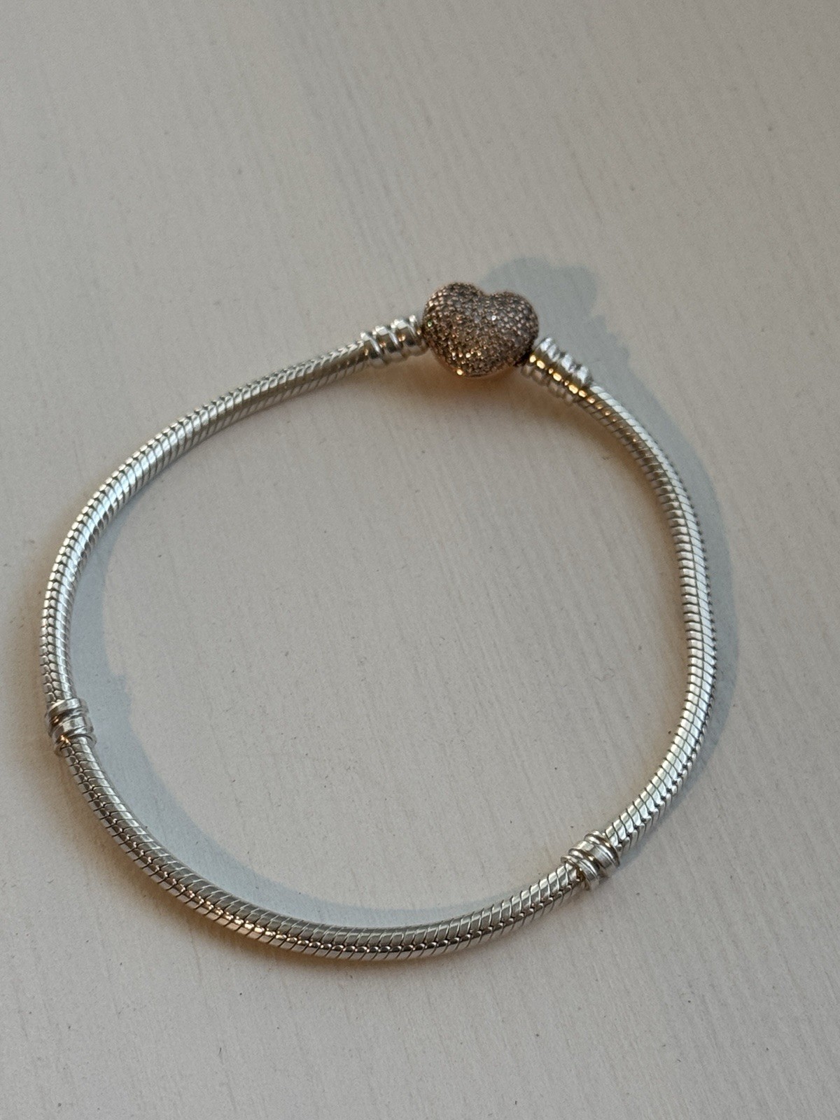 Pandora Sterling Silver Rose Gold Heart Clasp Snake Chain Bracelet 7.5 ...