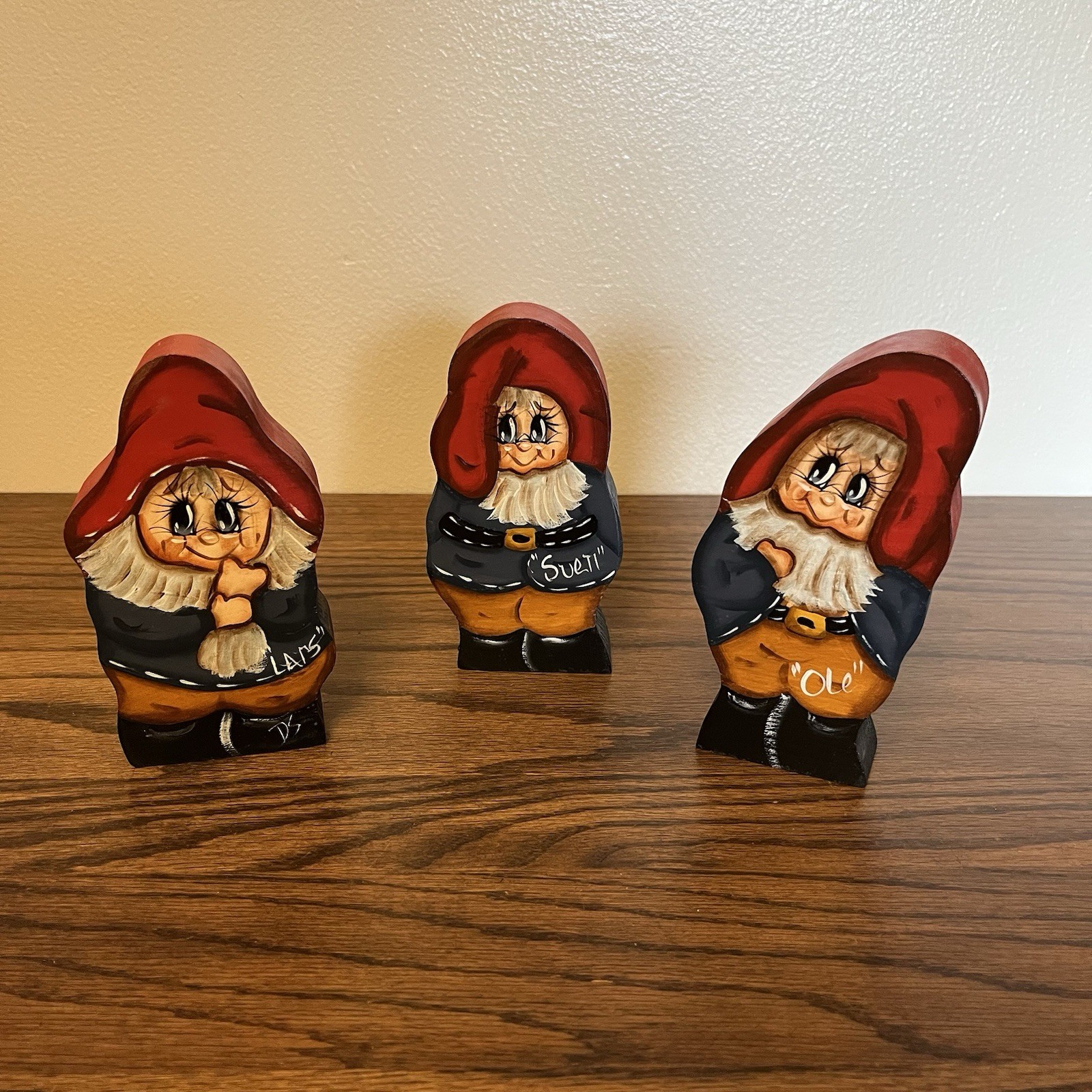 Handmade Norwegian Wood Handpainted 80’s Gnomes Set Of 3 Sven, Ole ...
