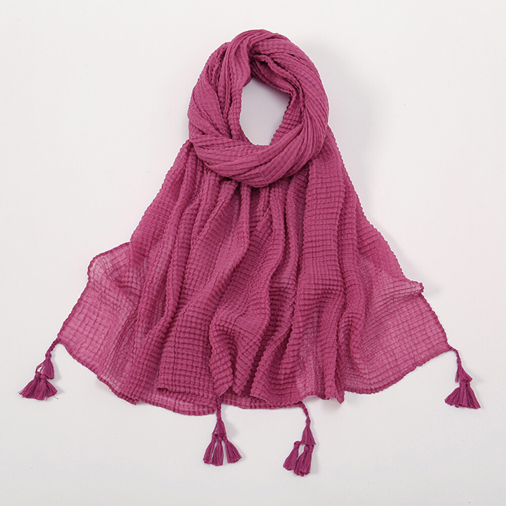 Women's Tassel Plaid Scarf Solid Color Muslim Shawls Hijabs Crinkle ...