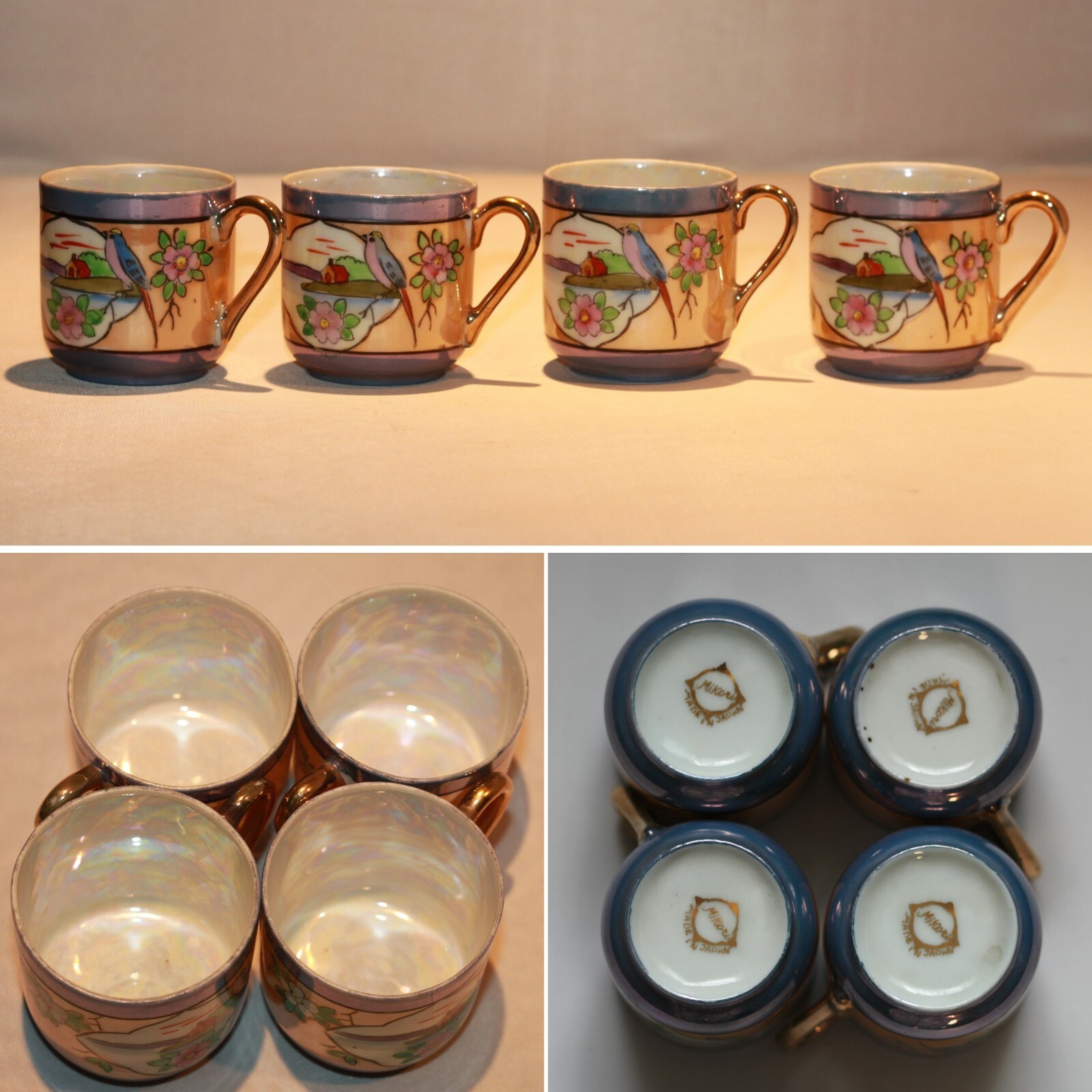 Vintage Mikori Japan Blue Gold Espresso Coffee Set Exotic Birds Sakura ...