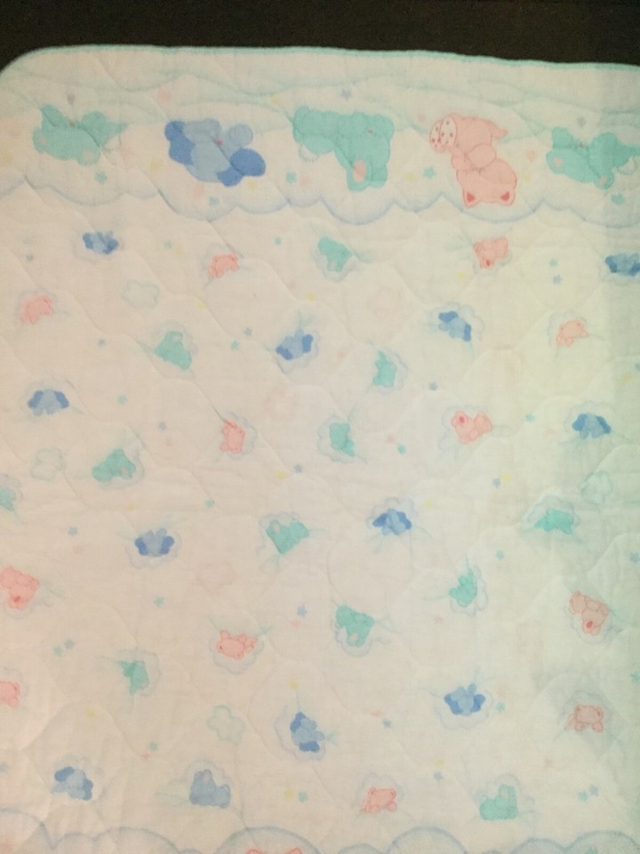 Vtg Cuddle Time Baby Blanket Quilted Comforter Bunnies Puppies Kitty ...