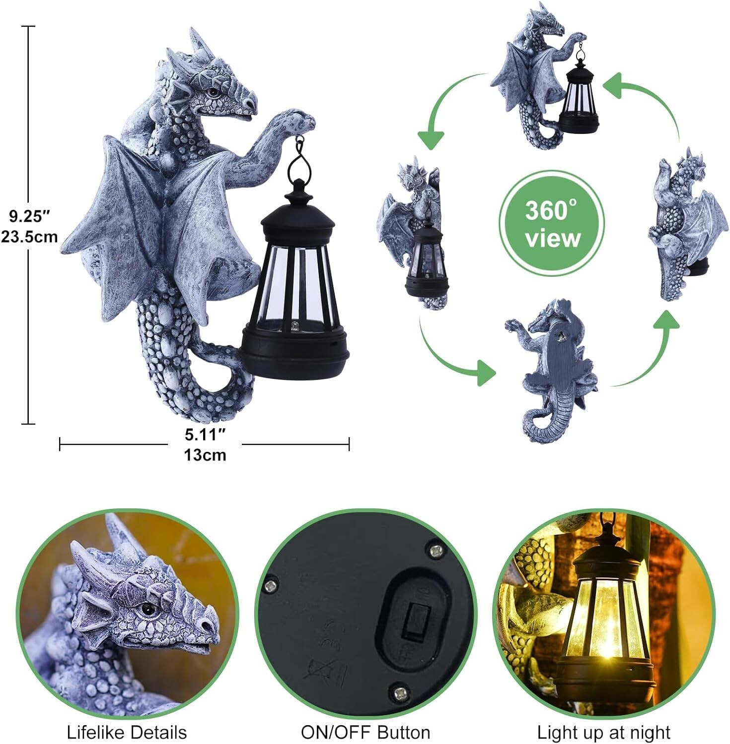 Solar Garden Statue Dragon w/ Lantern LED Lights Outdoor Decor Yard ...