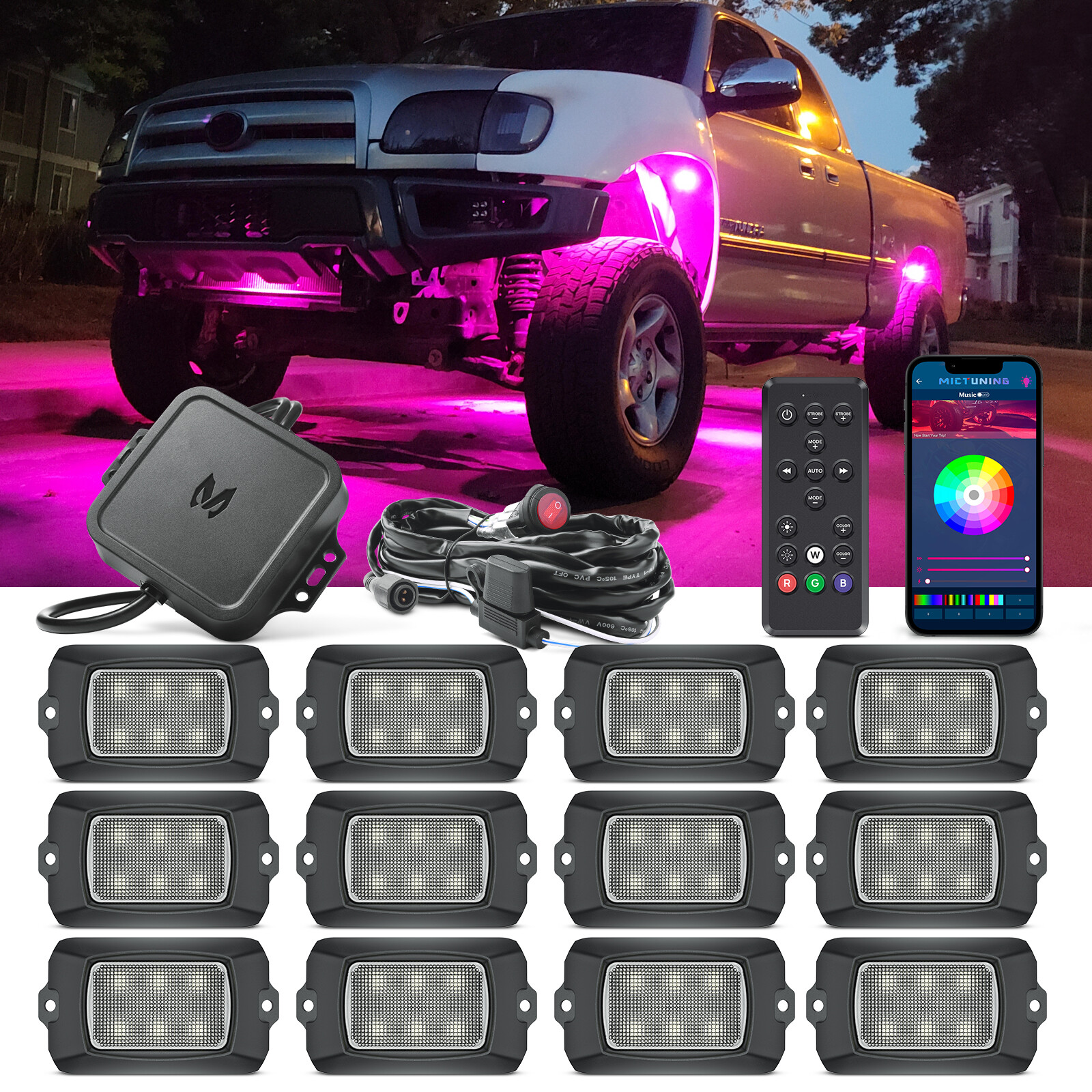 MICTUNING 12Pcs RGBW LED Rock Lights Underbody Car Light w/Remote ...