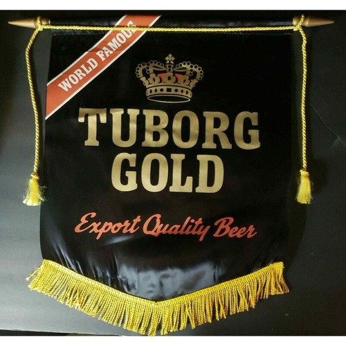 Tuborg gold beer adv fringed silk banner & wood hangar braided tassled ...