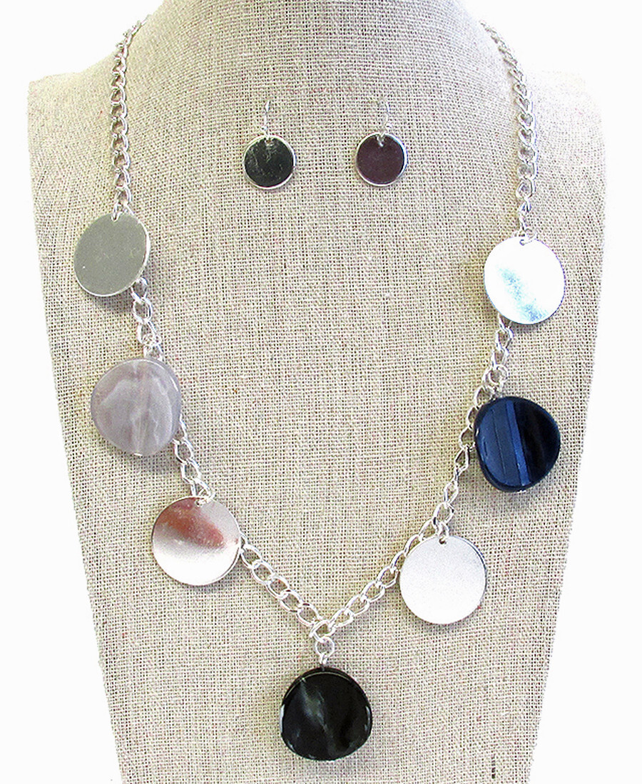 Multi Metal and Acrylic Disc Pendant Statement Necklace and Earrings ...