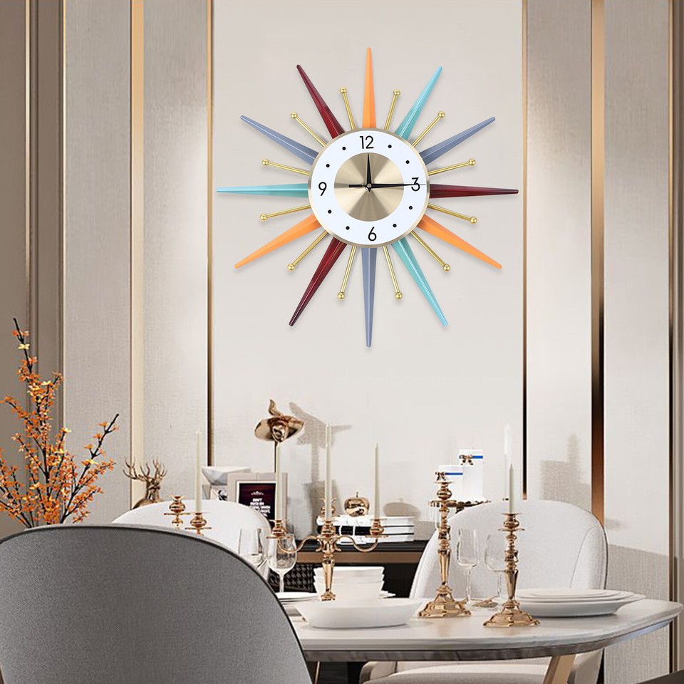 56CM Vintage Sunburst Wall Clock Colorful 3D Hollow Metal Large Wall ...