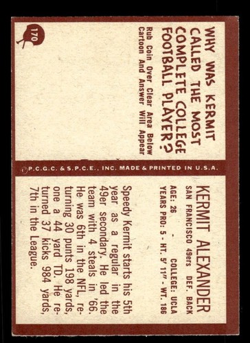 1967 PHILADELPHIA KERMIT ALEXANDER 170 EX FOOTBALL SAN FRANCISCO 49ERS ...