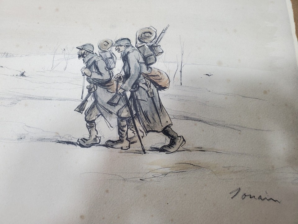WW1 FIELD BATTLE SKETCH TRENCH ART DRAWING SCENE SOLDIERS IN UNIFORM ...