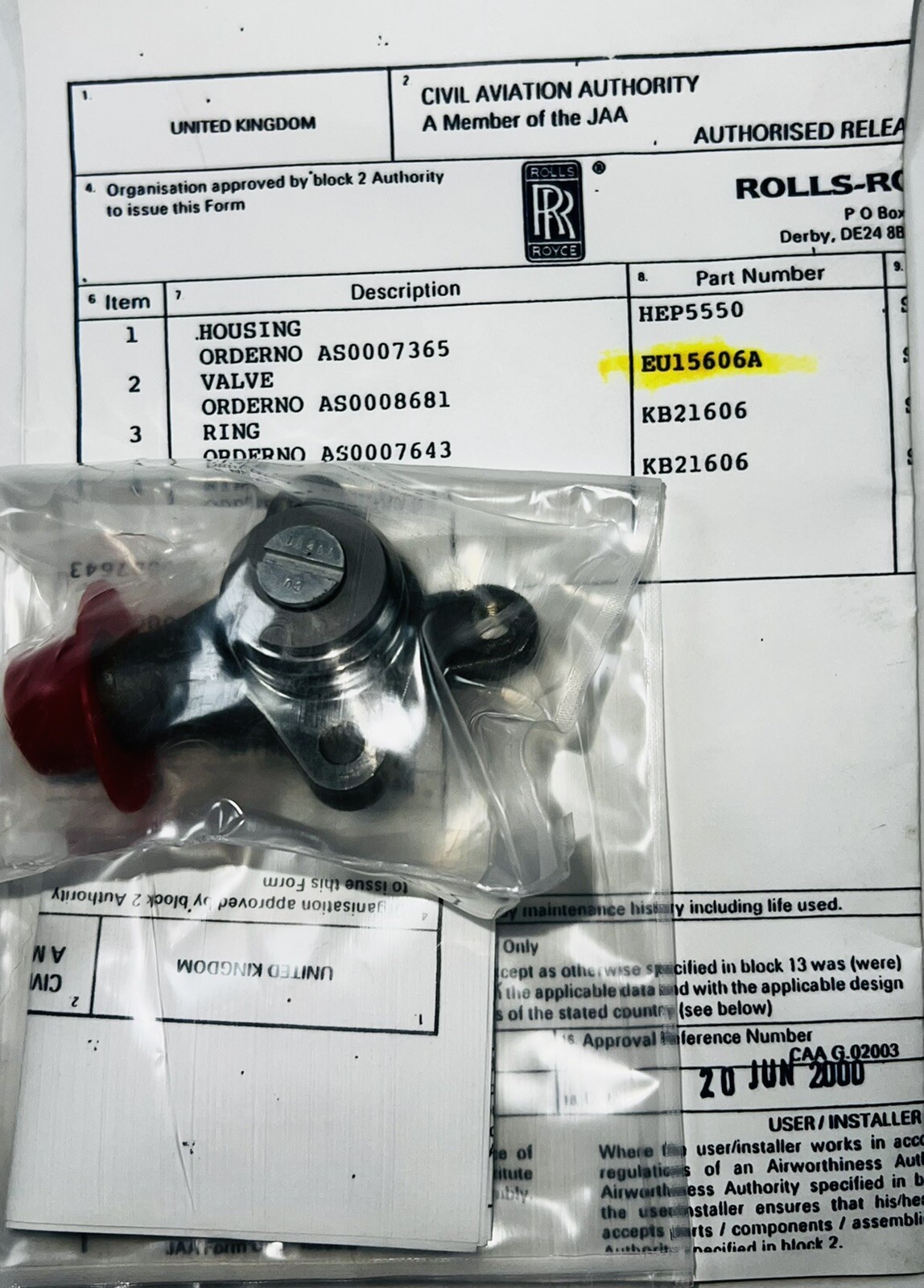 EU15606A Valve Rolls-Royce JAA FORM 1 Certificate for sale online | eBay