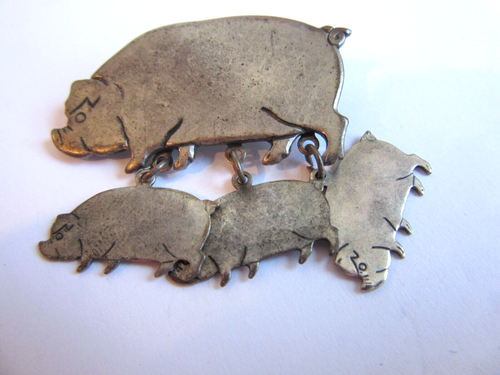 Silver tone Pig pin with piglet charms | eBay