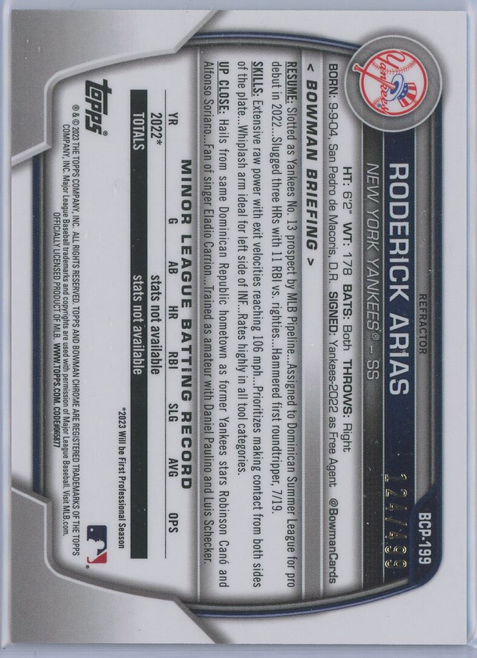 2023 Bowman Chrome Prospects Refractor BCP-199 Roderick Arias Yankees ...