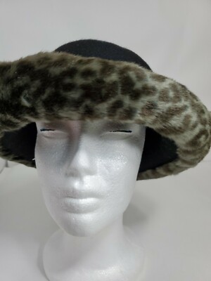 100% Wool Black Hat Arlin woman faux Fur Trimmed 11" Diameter One Size ...