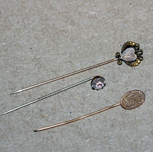 3 Antique Hat Stick Pins Heart Glass Stone Monogram Gold Filled? | eBay