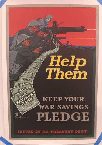 Original World War I WW1 Machine Gun War Savings poster linen Emerson ...