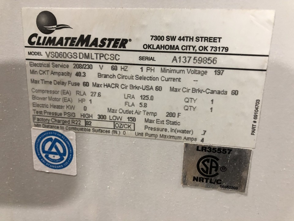 Climate Master VS060GSDMLTPCSC Heat Pump USED | eBay