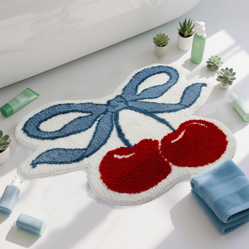 Cherry Blue Bow Bath Mat for Bathroom Cute Checkered Fruit Shaped ...