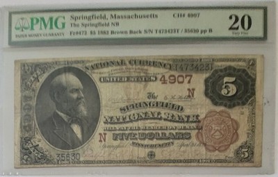 PMG VF 20 1882 $5 BROWN BACK NOTE SRINGFIELD Ser # T473423T Char # 4907 ...
