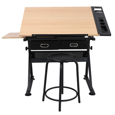 Drafting Desk Drawing Table Arts Craft Tabletop with Stool 2 Drawers ...